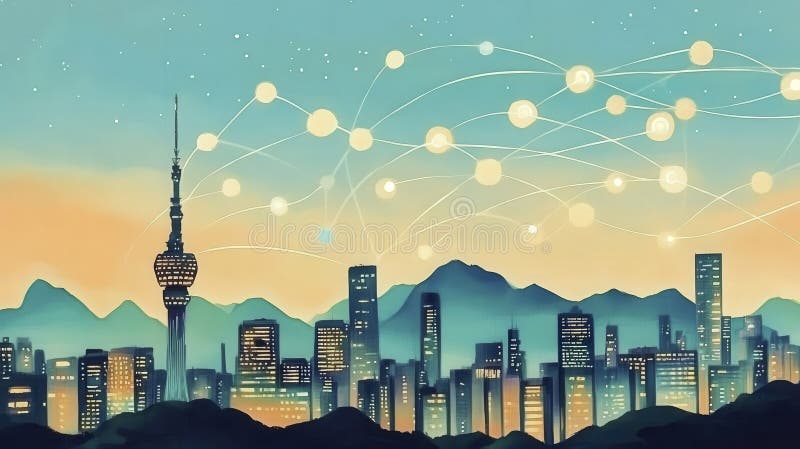 High-tech City Skyline with Digital Connections Pathway Stock ...