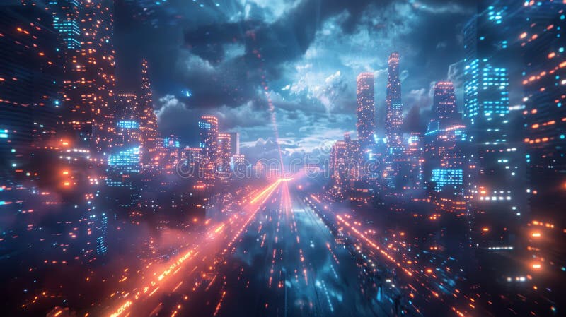 High-tech City Where Buildings are Made of Digital Clouds, Data Streams ...