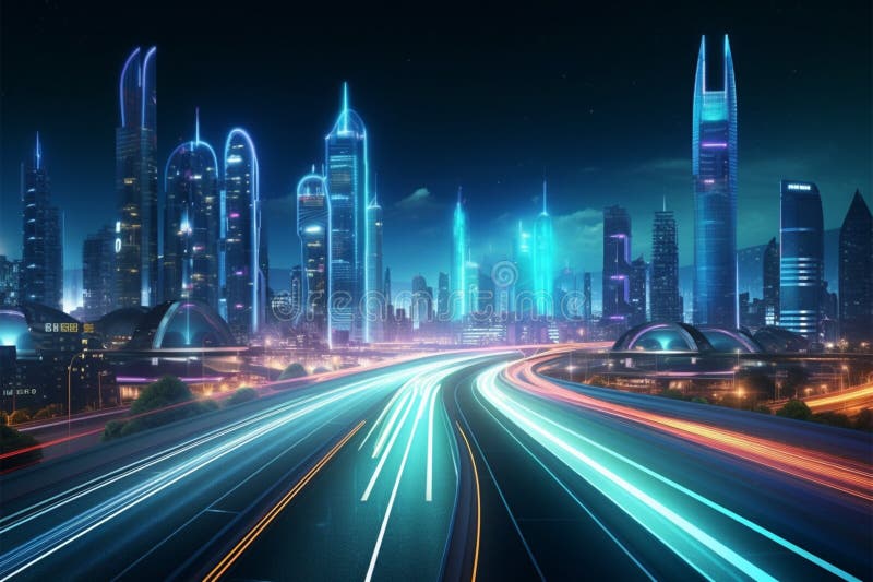 High Tech Cityscape with Glowing Roads in a Midnight Sci Fi Setting ... High Tech Cityscape with Glowing Roads in a Midnight Sci Fi Setting ...