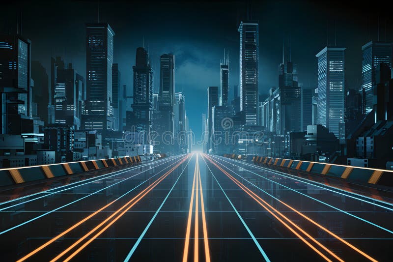 High Tech Cityscape with Glowing Roads in Midnight Sci Fi Setting Stock ... High Tech Cityscape with Glowing Roads in Midnight Sci Fi Setting Stock ...