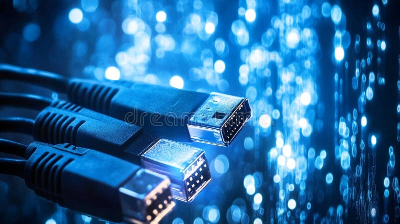 High-tech Close-up of Glowing USB and HDMI Cables Against a Blue ...