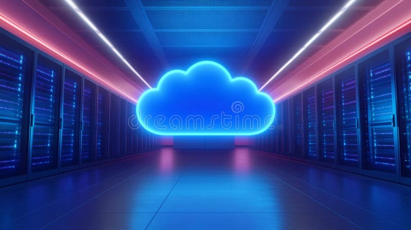 A High-tech Cloud Storage Facility with a Radiant Cloud Glowing in the ...