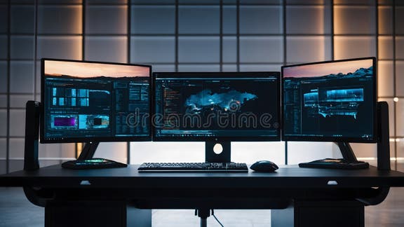 High-Tech Coding Workstation with Multi-Monitors, RGB Keyboard, and ...