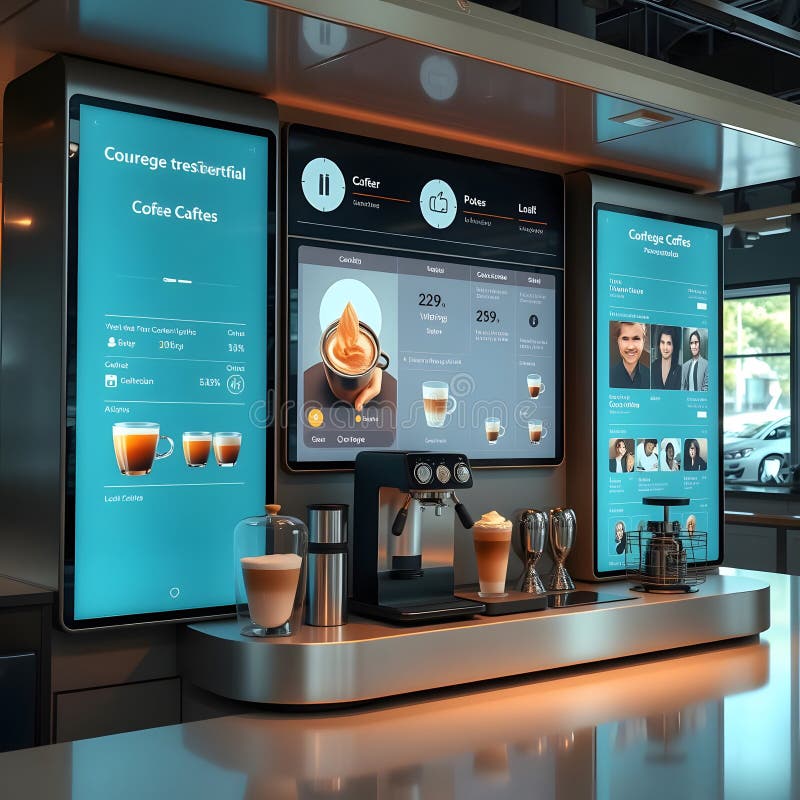 A High Tech Coffee Bar with Interactive Digital Screens Showcasing ...