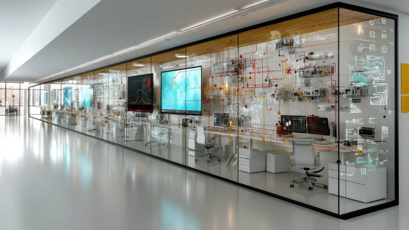 High-tech Collaborative Office with Glass Walls and Digital Data ...