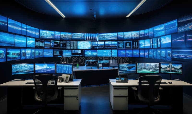A High-Tech Command Center with an Array of Screens and Workstations ...