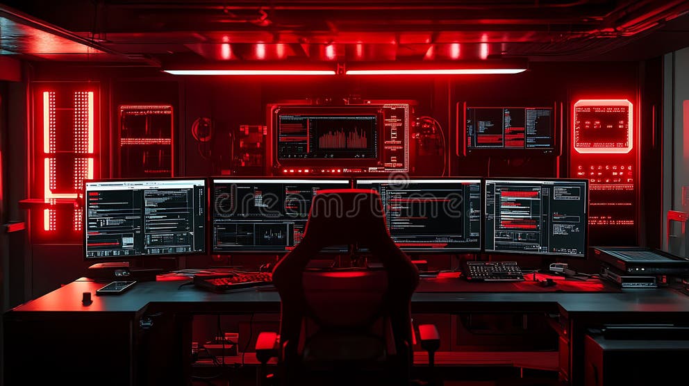 A High-tech Command Center Bathed in an Ominous Red Glow, Featuring ...