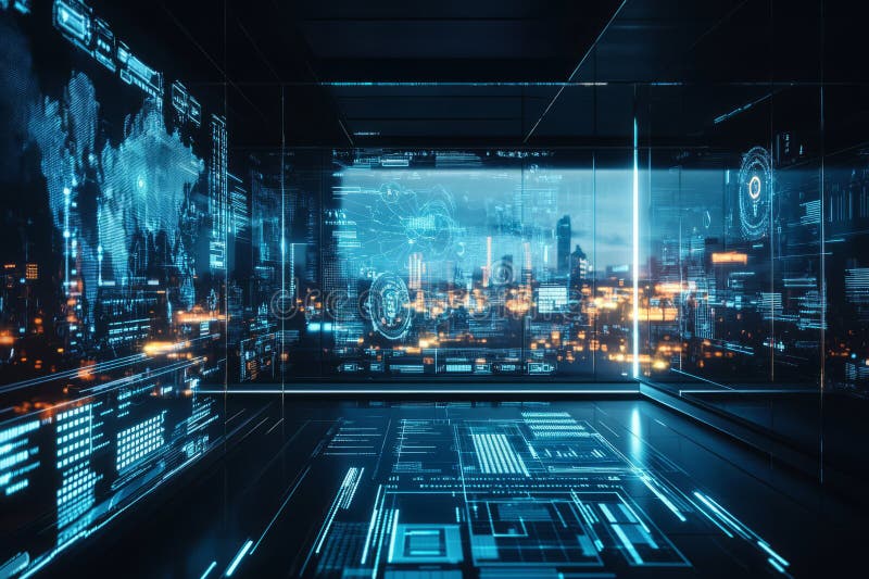 A High-tech Command Center 3D Background Room with Massive Holographic ...