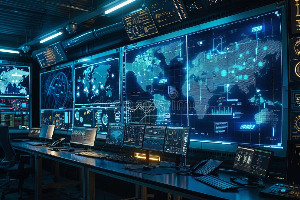 A High-tech Command Center Filled with Numerous Monitors and Laptops Displaying Various Data and ...