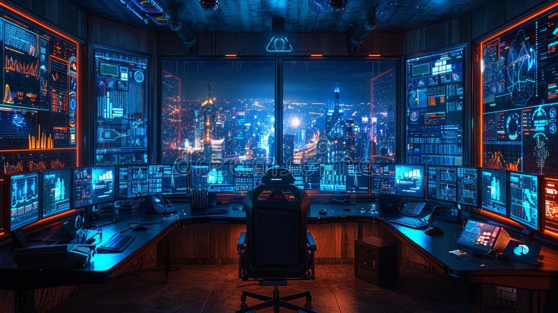 High-Tech Command Center with Futuristic City View, Generative AI Stock ...