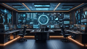 High-tech Command Center with Multiple Monitors and Digital Interfaces ...