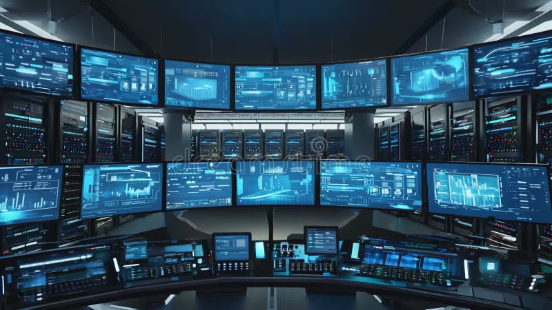 Futuristic Command Center with Multiple Monitors for Cybersecurity Operations and Data Analysis ...