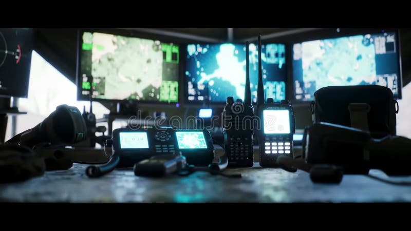 High-tech Command Center with Various Communication Devices and Multiple Screens Displaying Maps ...