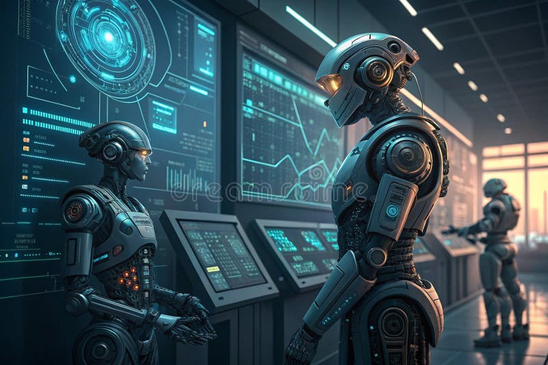 AI Robots Analyzing Data in a Futuristic Control Center AI Generated Stock Illustration ...