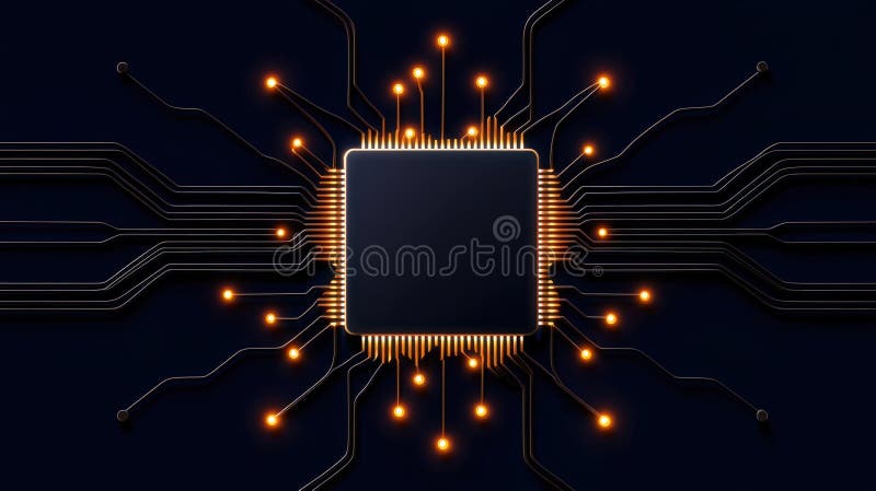 High-Tech Computer Chip with Illuminated Connections on Dark Background ...