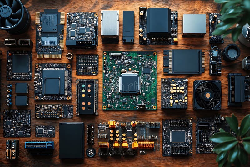 High-Tech Computer Components and Circuit Boards on Wooden Table Stock ...