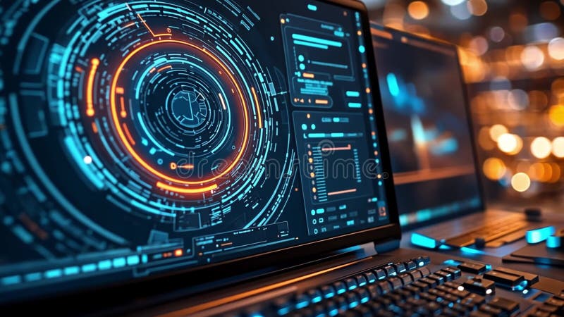 High-tech Computer Dashboard with Vibrant Visuals in a Dimly Lit Modern ...