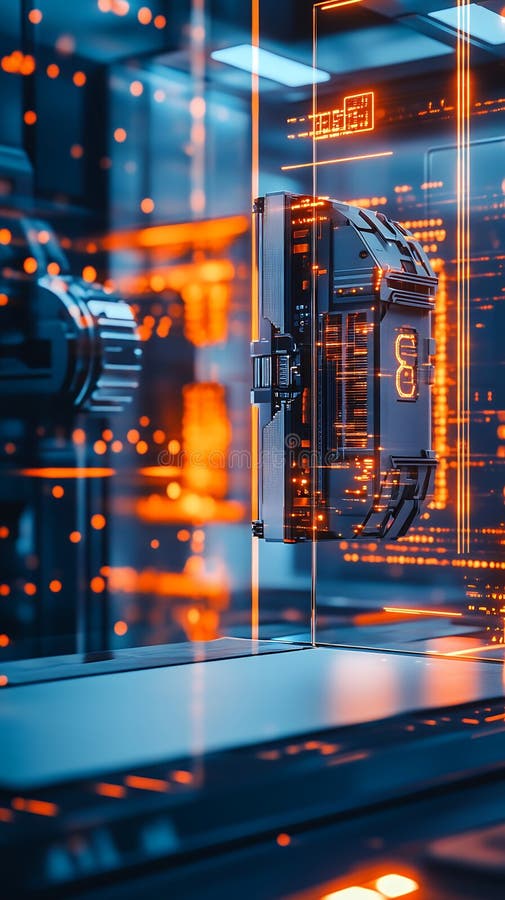 High Tech Computer Hardware Component with Neon Orange and Blue ...