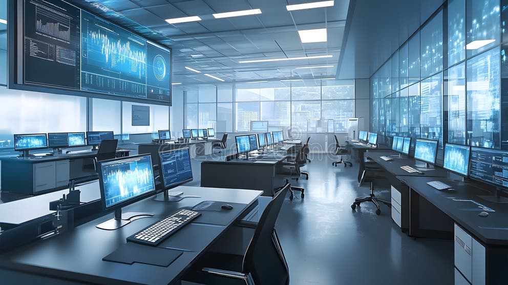 Ai Generated High-Tech Computer Lab with Workstations. Stock Illustration - Illustration of code ...