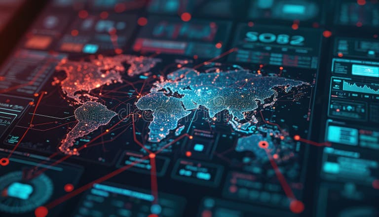 High-tech Computer Screen Displaying Power Grid Map with Risk Indicators. Digital World Map ...