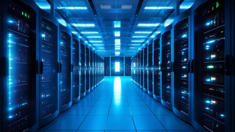 A High-tech Computer Server Room with Glowing Lights Stock Illustration ...