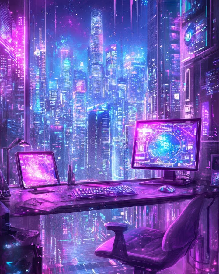 High-tech Computer Setup Overlooking Neon-lit Megacity Skyline ...