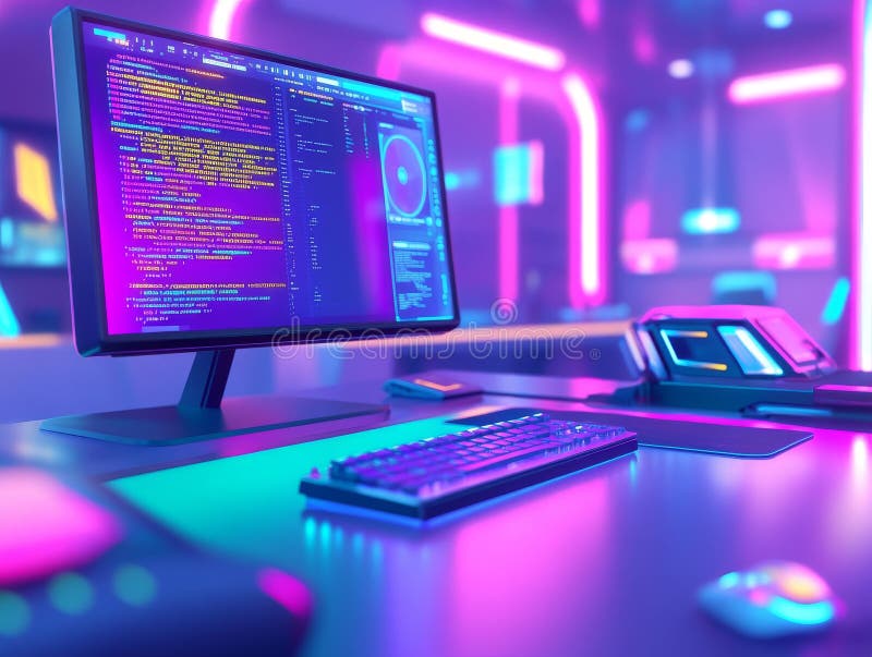 A High-tech Computer Setup with Vibrant Code Display, Situated in a Futuristic Workspace ...