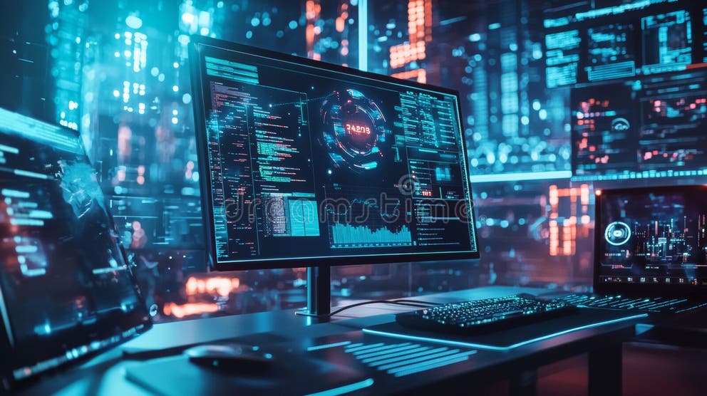High-tech Computer Workstation with Futuristic Data Display Stock Image - Image of cybersecurity ...