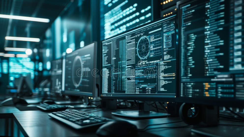 High-Tech Computer Workstation at Night Stock Image - Image of ...