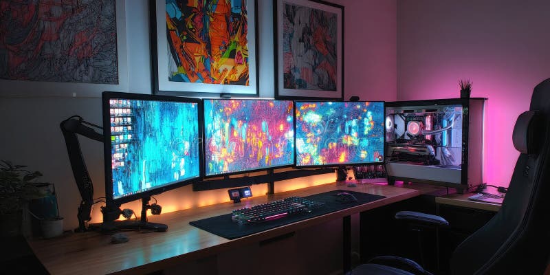 Computer Setup with Three Monitors and Custom Pc Case Stock ...