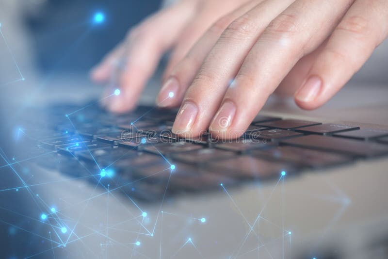 High Tech Concept. Close-up Woman Hand Working on Laptop Keyboard Stock ...