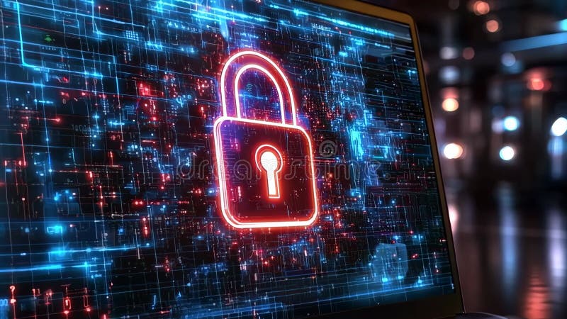 Cybersecurity Lock on Futuristic Digital Data Screen Stock Footage ...