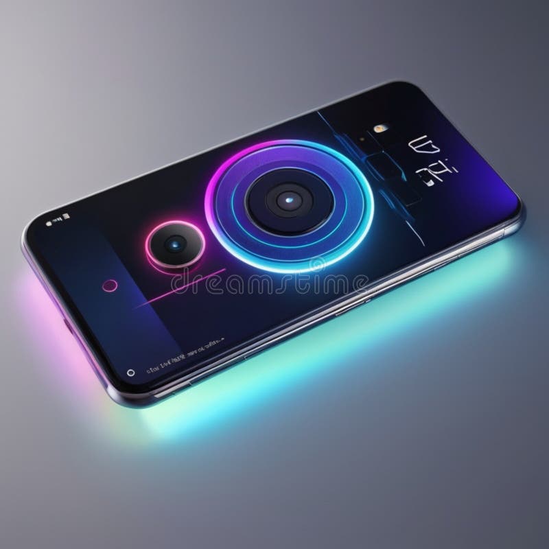 Futuristic Smartphone with Glowing Neon Interface and Dual Camera Stock ...
