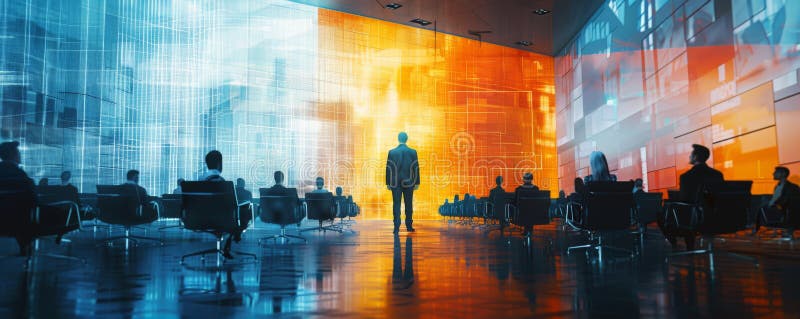 High-tech Conference Room with People and Digital Screens in Futuristic ...
