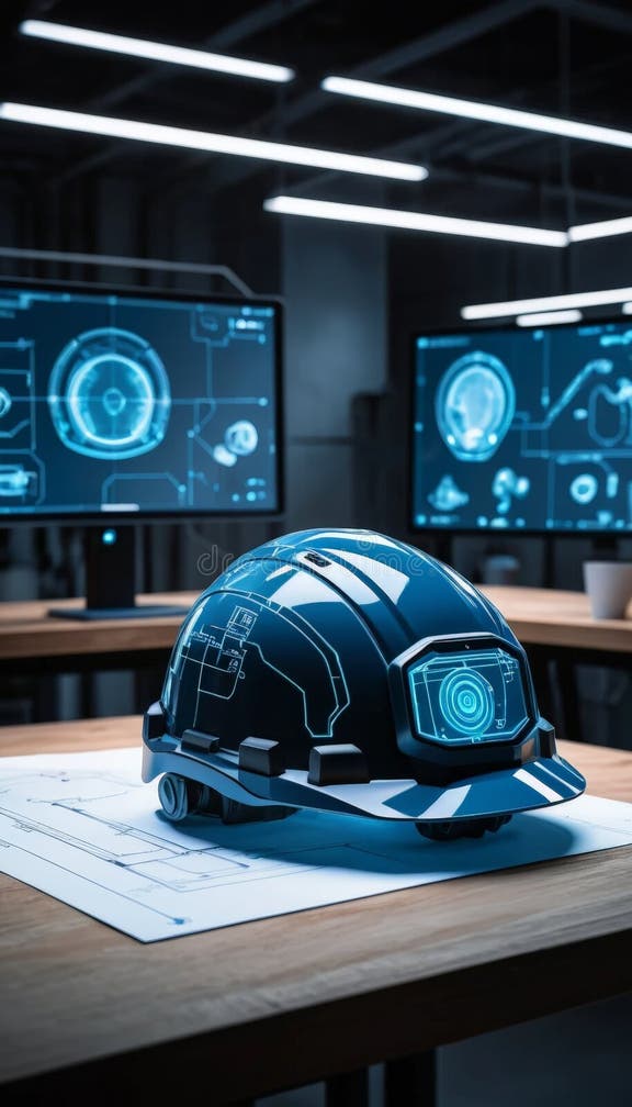 A High-tech Construction Helmet with Digital Blueprints Displayed on ...