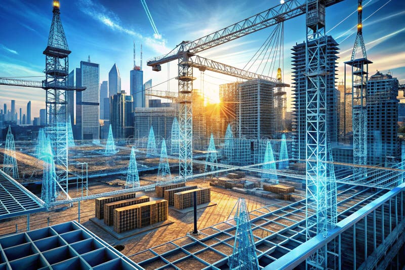High Tech Construction Site Rendering Featuring Digital Grids and ...