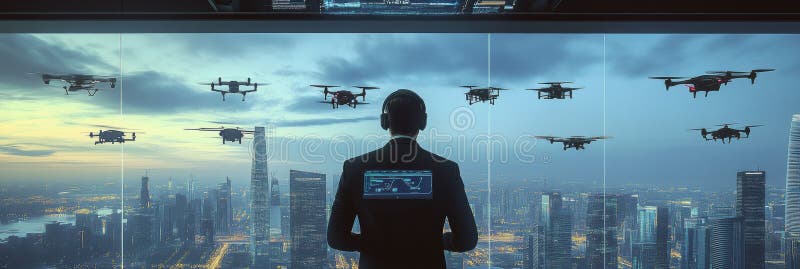 In a High-tech Control Center, a Drone Pilot Skillfully Manages a Swarm ... In a High-tech Control Center, a Drone Pilot Skillfully Manages a Swarm ...