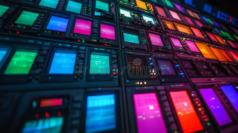Array of Colorful Digital Screens in Futuristic Control Center Stock ...