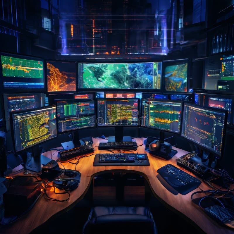 High-tech Cryptocurrency Monitoring Station with Multiple Screens Stock ...