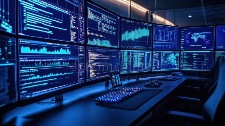 High-tech Control Center with Multiple Holographic Screens Displaying ...