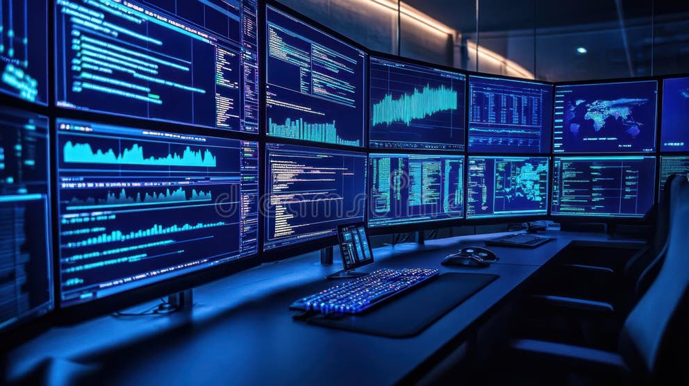 High-tech Control Center with Multiple Holographic Screens Displaying ...