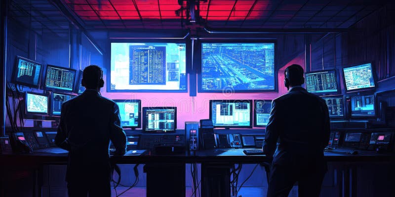 High-Tech Control Hub: Two Operators Amid Neon Glow, Monitoring Multiple Data Feeds and Urban ...
