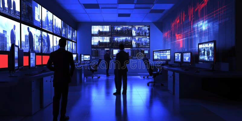 High-Tech Control Hub: Two Operators Amid Neon Glow, Monitoring ...