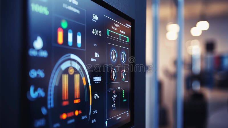 Futuristic Control Panel Displaying System Statistics in Modern Office ...