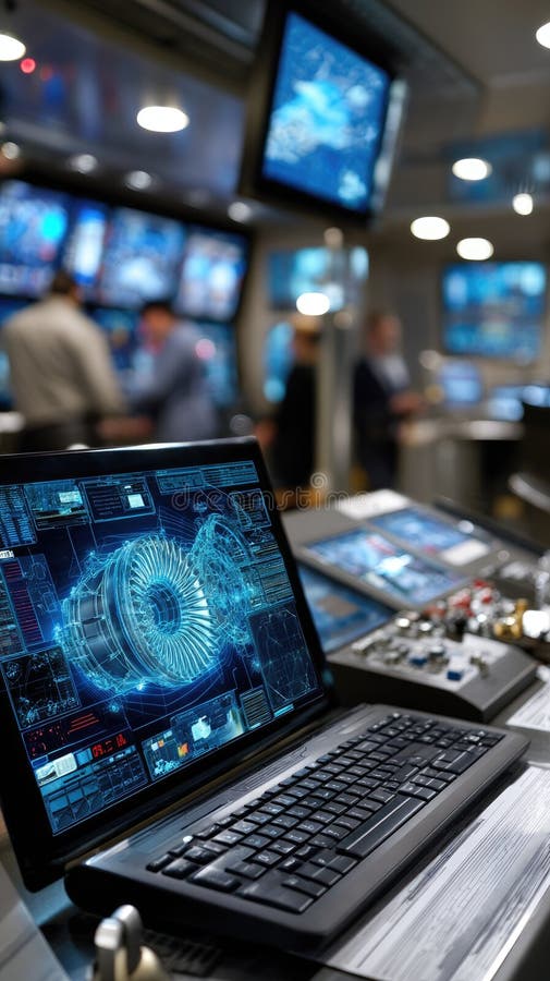 A High-tech Control Panel Displays Intricate Designs and Data Visualization while Professionals ...