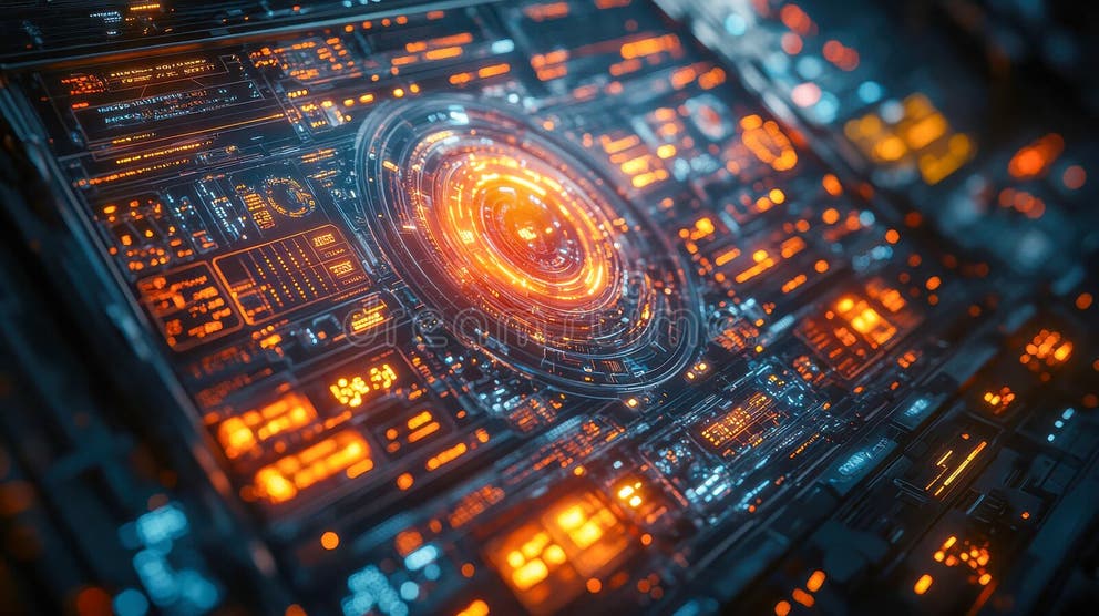 High-tech Control Panel with Glowing Orange Holographic Interfaces in a ...