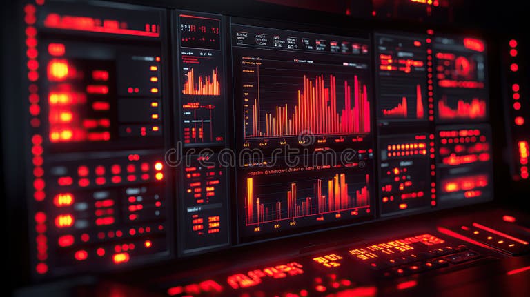 High-tech Control Panel with Glowing Red Displays, Showing Multiple ...