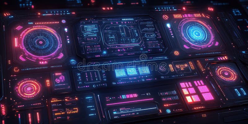 High-tech Control Panel with Vibrant Neon Displays and Advanced Digital ...