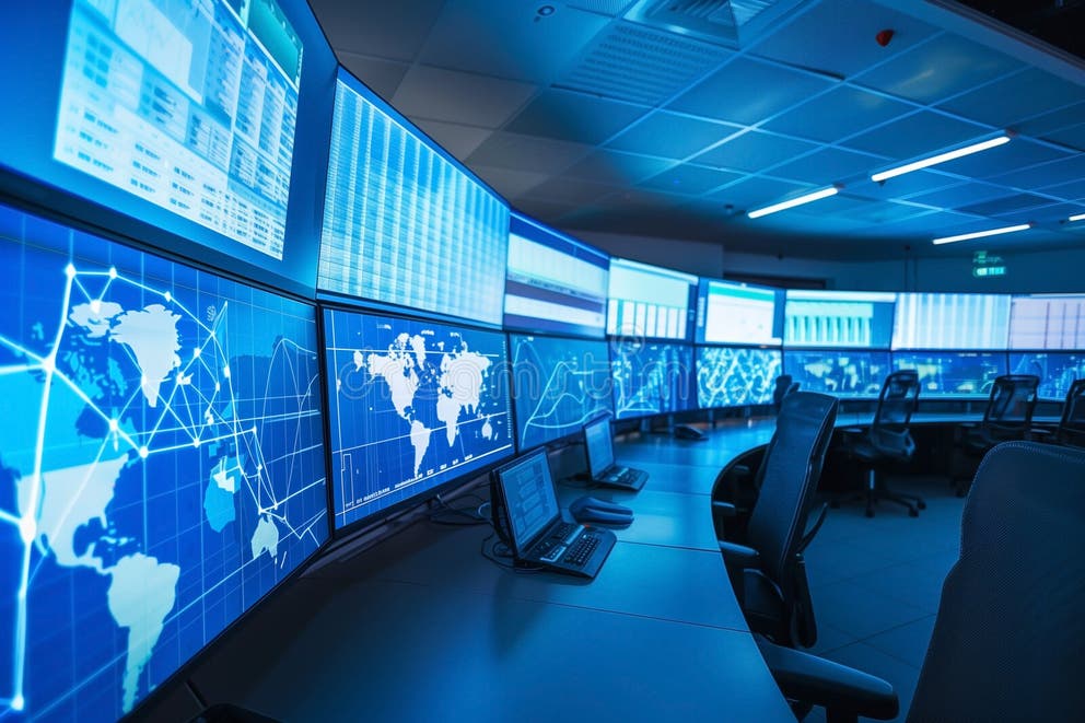 High-Tech Control Room with Digital Global Map Displays and ...