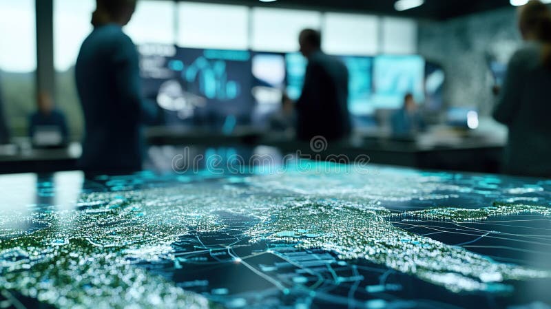 High-tech Control Room with Digital Map Display Highlighting Urban ...